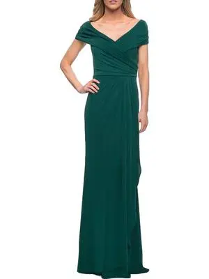 La Femme Ruched Jersey Long Gown With V-neckline - Emerald