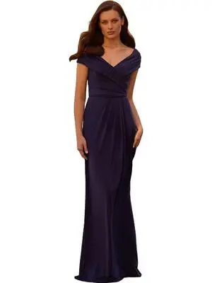 La Femme Ruched Jersey Long Gown With V-neckline - Navy