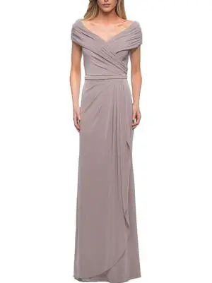 La Femme Ruched Jersey Long Gown With V-neckline - Silver