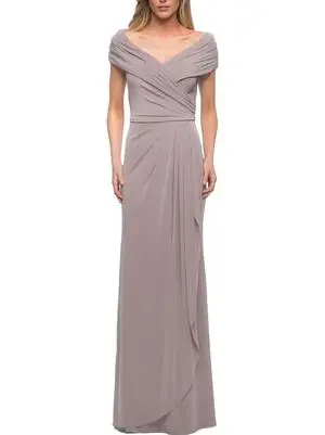 La Femme Ruched Jersey Long Gown With V-neckline - Silver