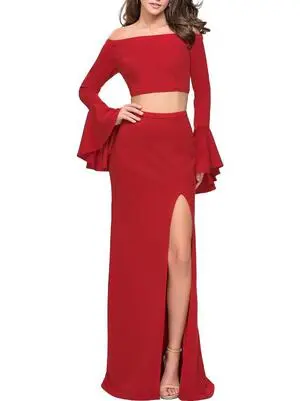 La Femme Off-the-shoulder Two-piece Gown - Red