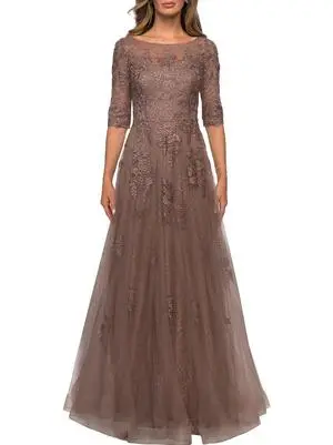 La Femme Lace And Tulle A-line Gown - Cocoa