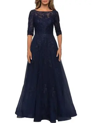 La Femme Lace And Tulle A-line Gown - Navy