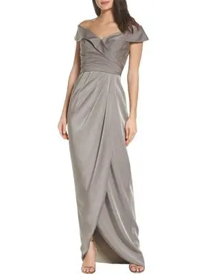 La Femme La Femme Long Jersey Dress With Ruching And Cap Sleeves Pewter