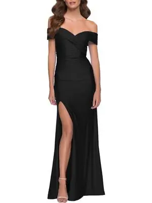 LABOMME Jersey Gown With Off-the-shoulder Detail And Slit - Black