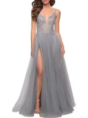 La Femme Tulle A-line Gown With Lace Bodice - Silver