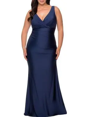 La Femme Jersey Gown With Faux Wrap Bodice - Navy