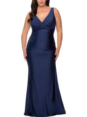 La Femme La Femme Jersey Gown With Faux Wrap Bodice Navy