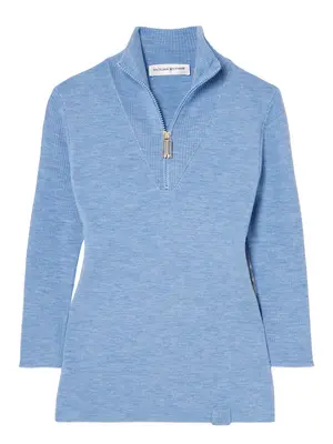 Victoria Beckham Ribbed Merino Wool-blend Half-zip Sweater - Blue