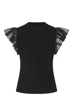 MILLY Chiffon Flutter Sleeve Knit Top - Black