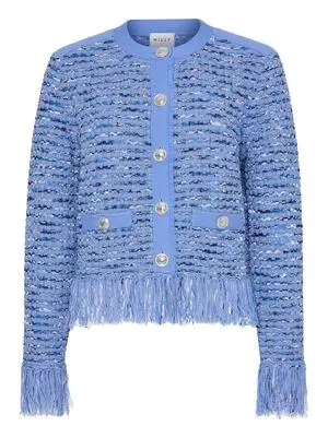 MILLY Fringe Trim Knit Cardigan - Blue