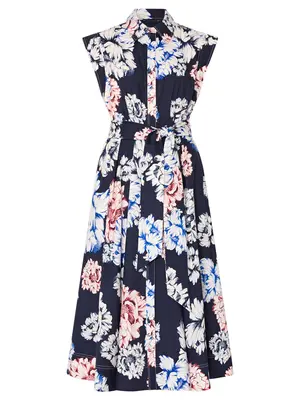 MILLY MILLY Jules Printed Floral Cotton Poplin Midi Dress With Tie Detail Navy