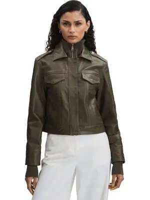 Paige Molina Leather Cropped Bomber Jacket - Moss Green