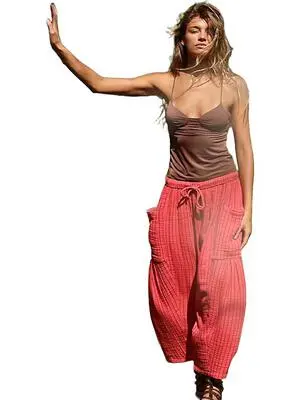 Free People Quinn Striped Pants - Hot Coral Combo