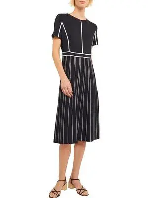 Misook Modern Fit Contrast Stripe A-line Dress - Black/ White