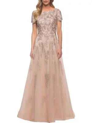 LABOMME A-line Gown With Metallic Appliques - Nude