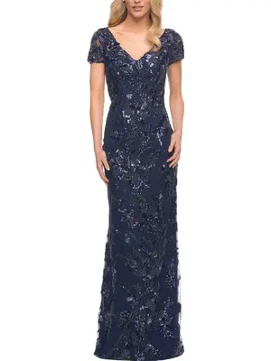 LABOMME Beaded Long Gown With V-neckline - Navy