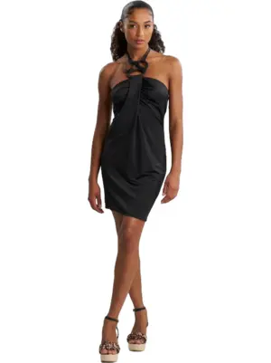 Natori Solid Jersey Halter Cover-up Dress W/ Hand Carved Wood Rings - Black