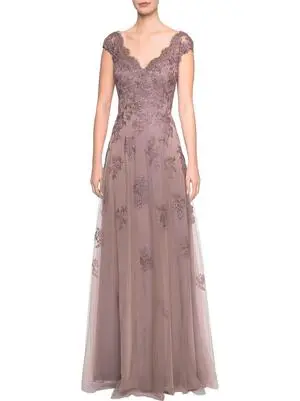 La Femme Short Sleeve Lace Gown - Cocoa