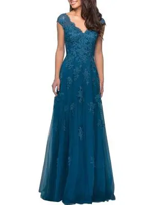 La Femme Short Sleeve Lace Gown - Teal