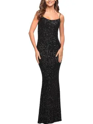 La Femme Long Sequin Dress With Scoop Neck - Black