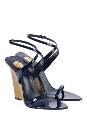 Saint Laurent Salomé 110 Patent Leather Wedge Sandals - Blue