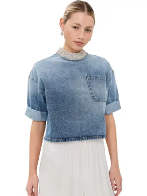 TWP Crystal Embellished Denim Top - Vintage Wash