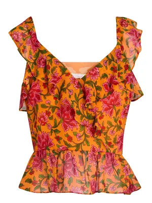Veronica Beard Randa Floral-print Silk-crepe Top - Orange