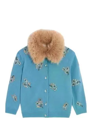 VALENTINO Embroidered Wool Cardigan With Faux-Fur Collar