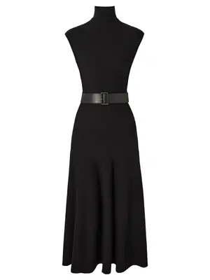 Alaïa Belted Leather-trimmed Wool-blend Midi Dress - Black