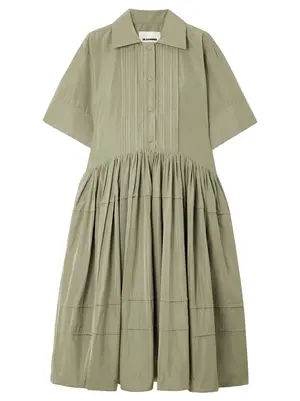 JIL SANDER Pleated Sateen Midi Shirt Dress - Green
