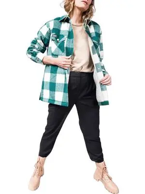 WILDFANG Essential Flannel Fleece Lined Shacket Forest/white