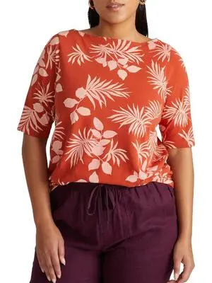 Universal Standard Universal Standard Bella Boatneck Stretch Pima Cotton Top Rooibos Tea Palm Print