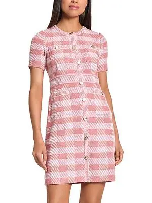 Misook Plaid Button Front Sheath Dress - Honey Suckle/soft Blush