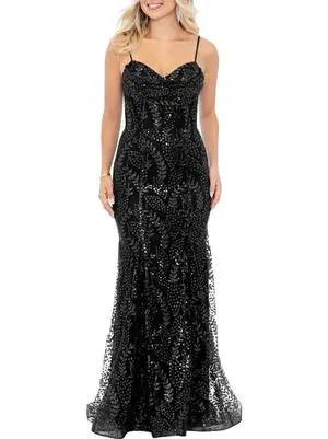 BLONDIE NITES Glitter Mesh Trumpet Gown - Black