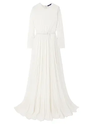 Ralph Lauren Belted Leather-trimmed Pleated Maxi Dress - White