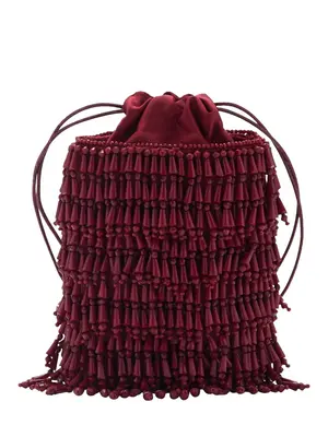 Mango MANGO Beaded Drawstring Bucket Bag Burgundy