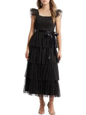 TAHARI ASL Pleated Tiered Metallic Dress - Black Gold