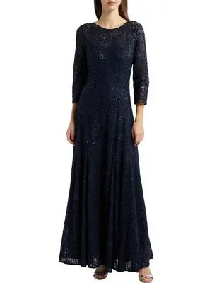 TAHARI ASL Sequin Lace A-line Gown - Navy