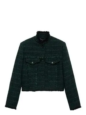 Mango High Collar Tweed Jacket - Dark Green