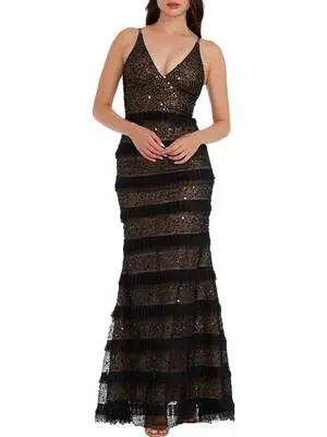 Dress The Population Guinevere Sequin Gown - Black/ Beige