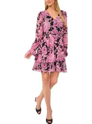 CECE DUPRAZ Floral Long Sleeve Tiered Dress - Rich Black