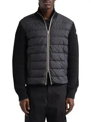 Moncler Quilted Down And Cotton Knit Cardigan - Black