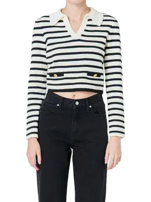 Endless Rose Stripe Collared Sweater - Ivory/ Black