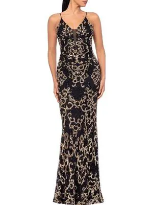 Betsy & Adam Sequin Mermaid Gown - Black/ Gold