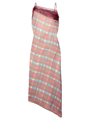 FERRAGAMO Gathered Checked Organza Midi Dress - Red