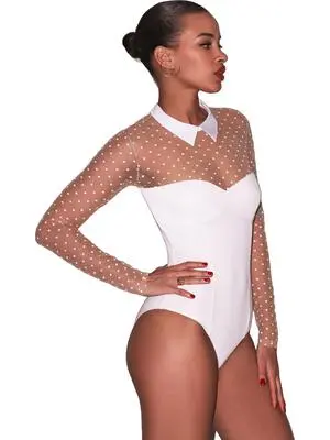 FLEUR DU MAL Collared Bodysuit With Dotted Tulle