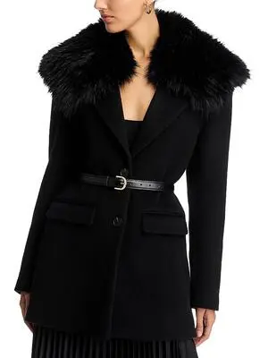 SELF-PORTRAIT Faux Fur Collar Wool Coat - Black