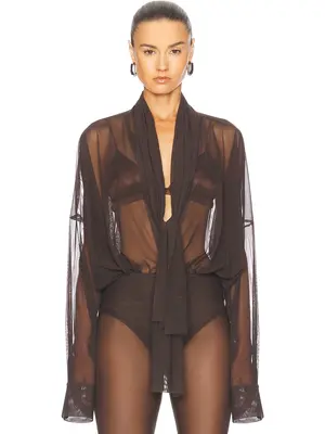 Norma Kamali Super Oversized Boyfriend Shirt Bow Bodysuit - Espresso