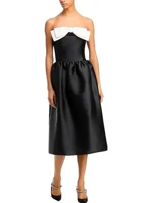SELF-PORTRAIT Taffeta Contrast Bow Midi Dress - Black